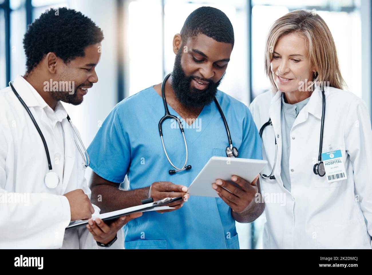 Hospital teamwork, digital tablet and healthcare planning, medical analytics and wellness ...