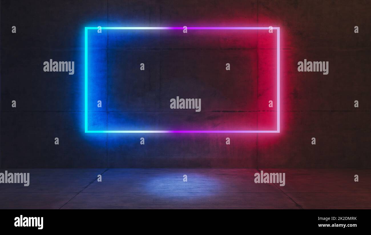 Blue and red light neon rectangle on concrete wall background 3D ...