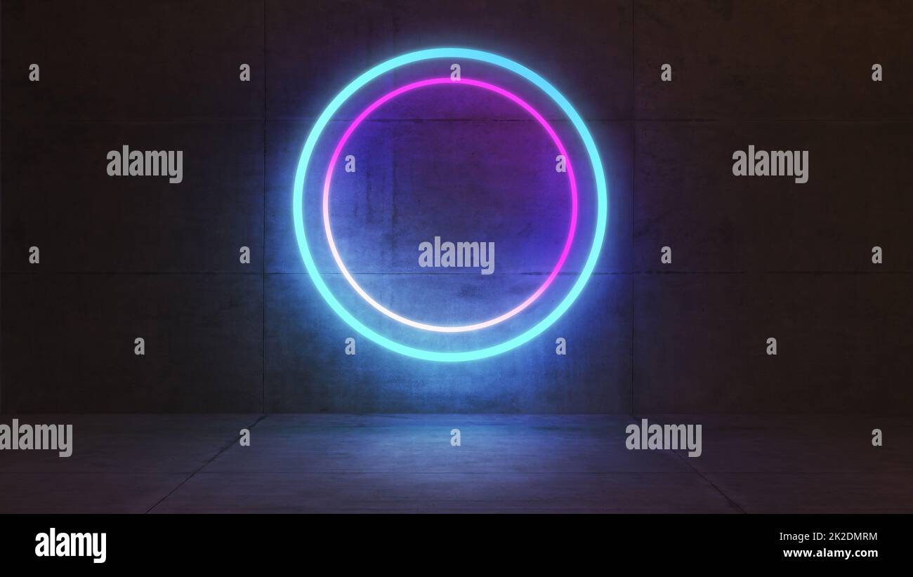 concrete floor product platform and neon circular rings on concrete ...