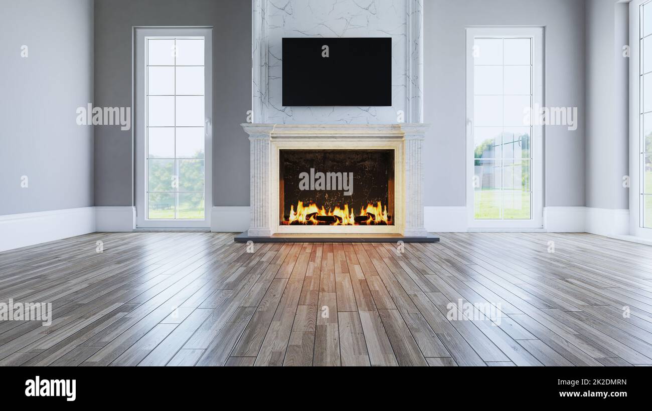 Marble fireplace concept designed in classical architecture in the empty living room concept 3D ...