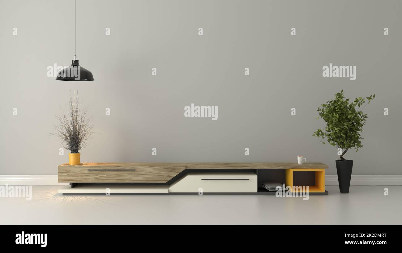 tv room with modern wooden tv unit design concept 3D rendering Stock ...