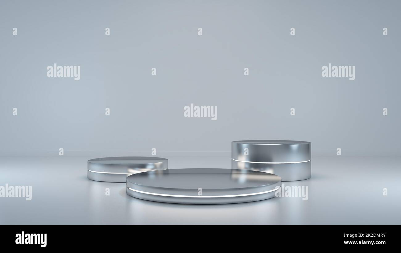 Chrome cylinder platform abstract background with neon light 3D ...