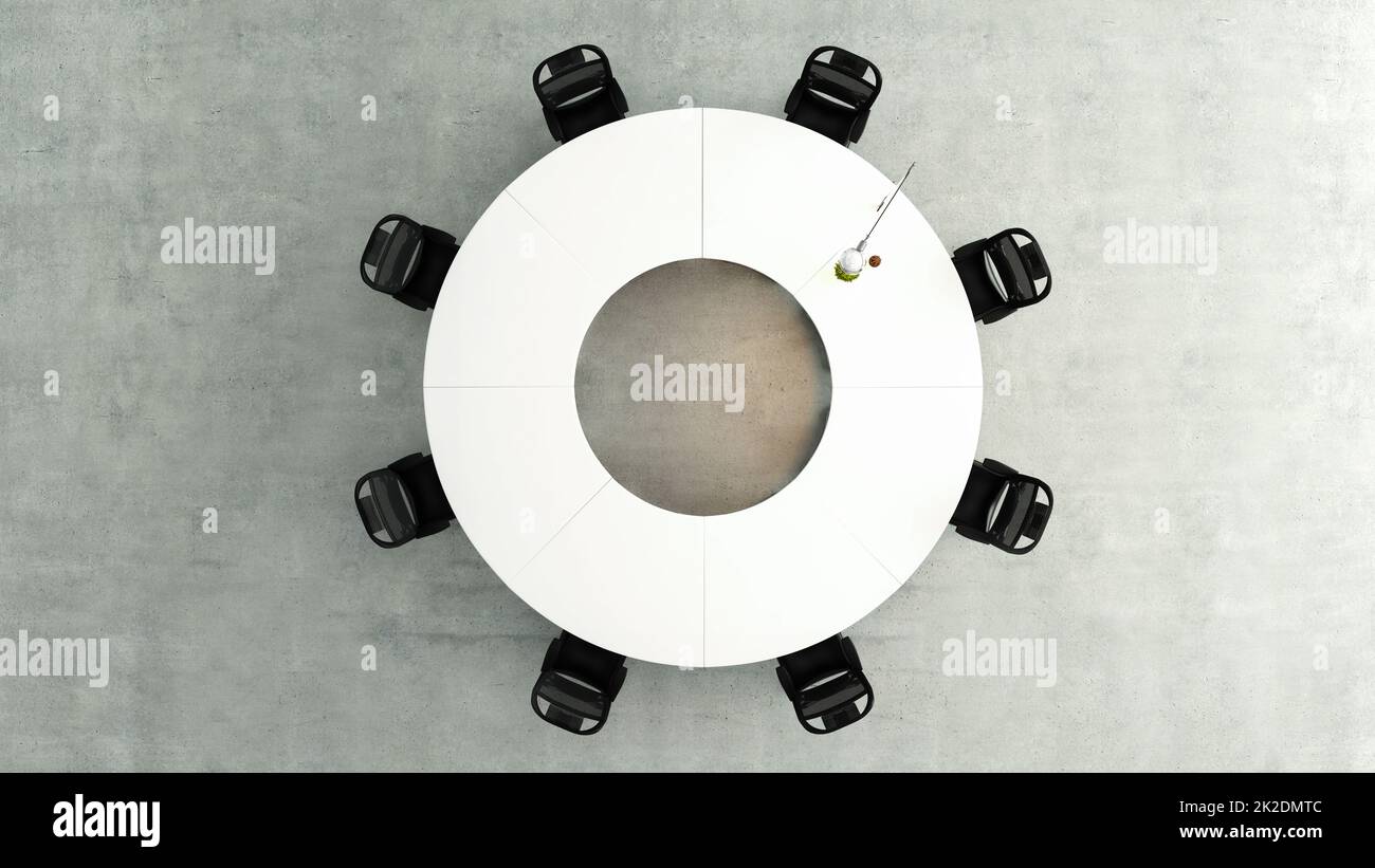 modern circular meeting table top view with office chairs and concrete ...