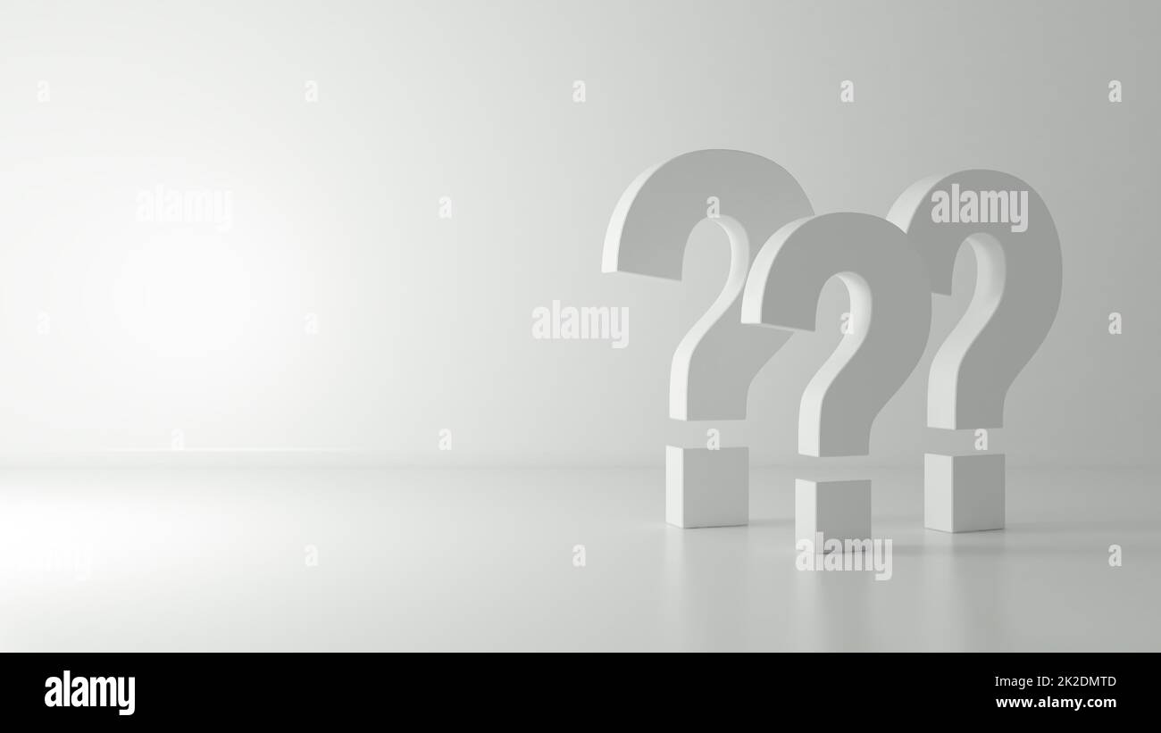 Question marks concept in gray empty room 3D rendering Stock Photo - Alamy