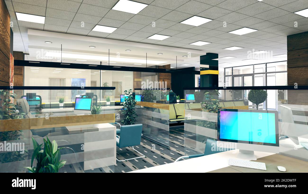Large open space office perspective interior design 3D rendering Stock ...