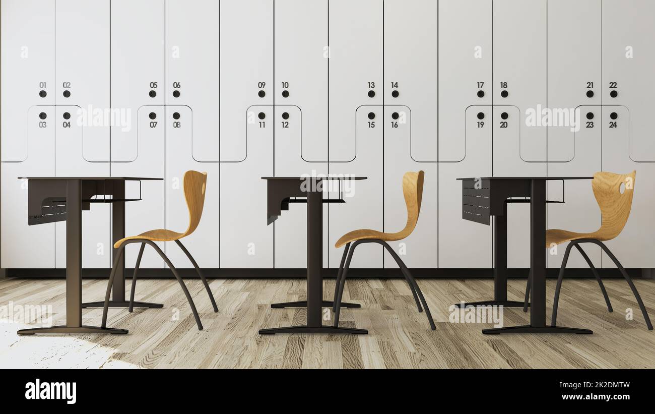 White student locker in modern empty classroom with wooden chair and ...