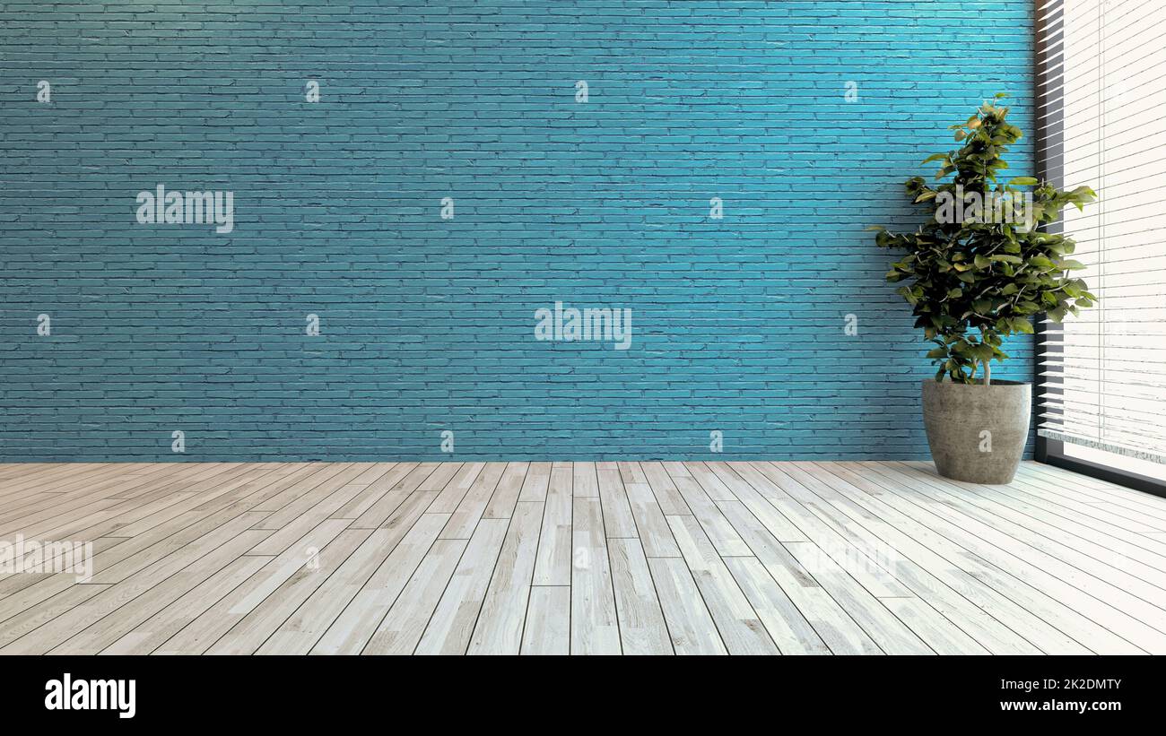 Minimalist design with blue brick wall for modern office or homes 3D ...