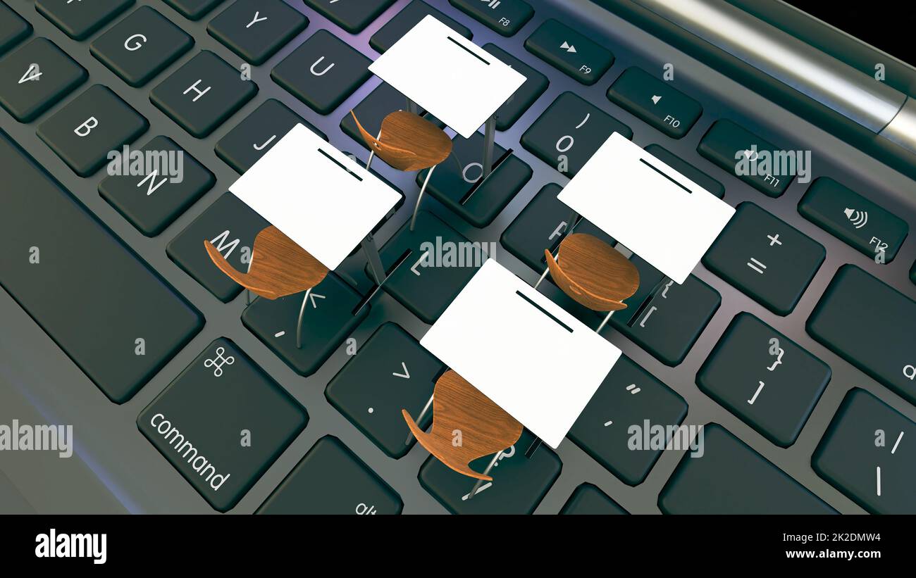 Digital classroom concept modern classroom desks on the laptops black ...