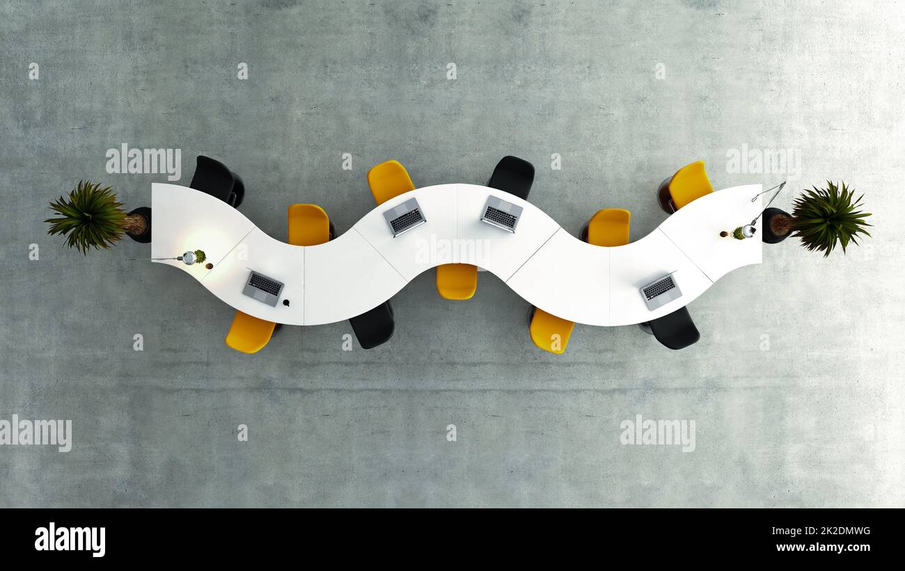 Meeting room top view with wavy desk and chairs concept 3D rendering ...