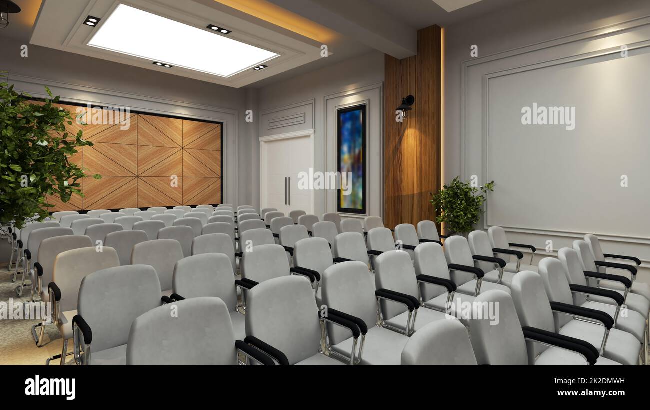 School conference hall concept design with wooden wall 3D rendering ...