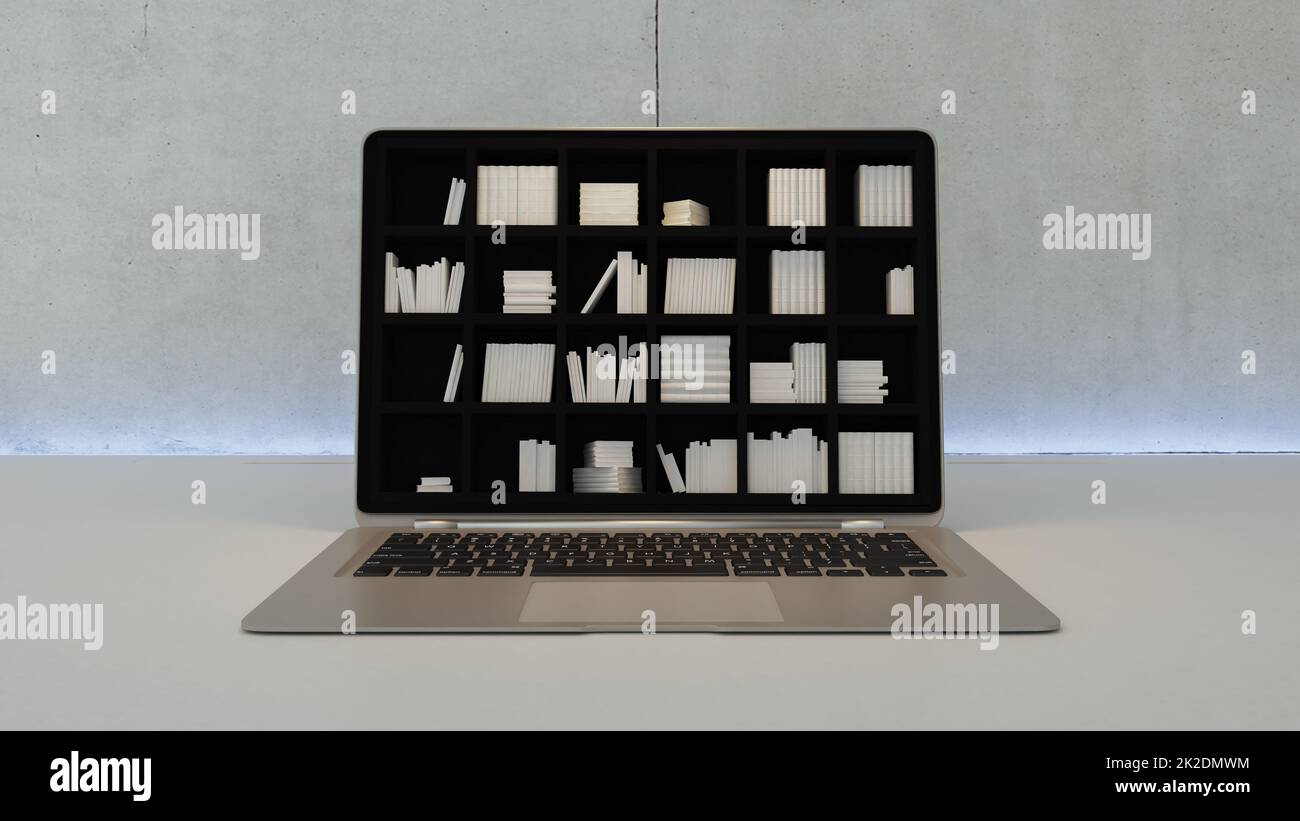 Black bookshelf in laptop screen realistic 3D rendering Stock Photo - Alamy