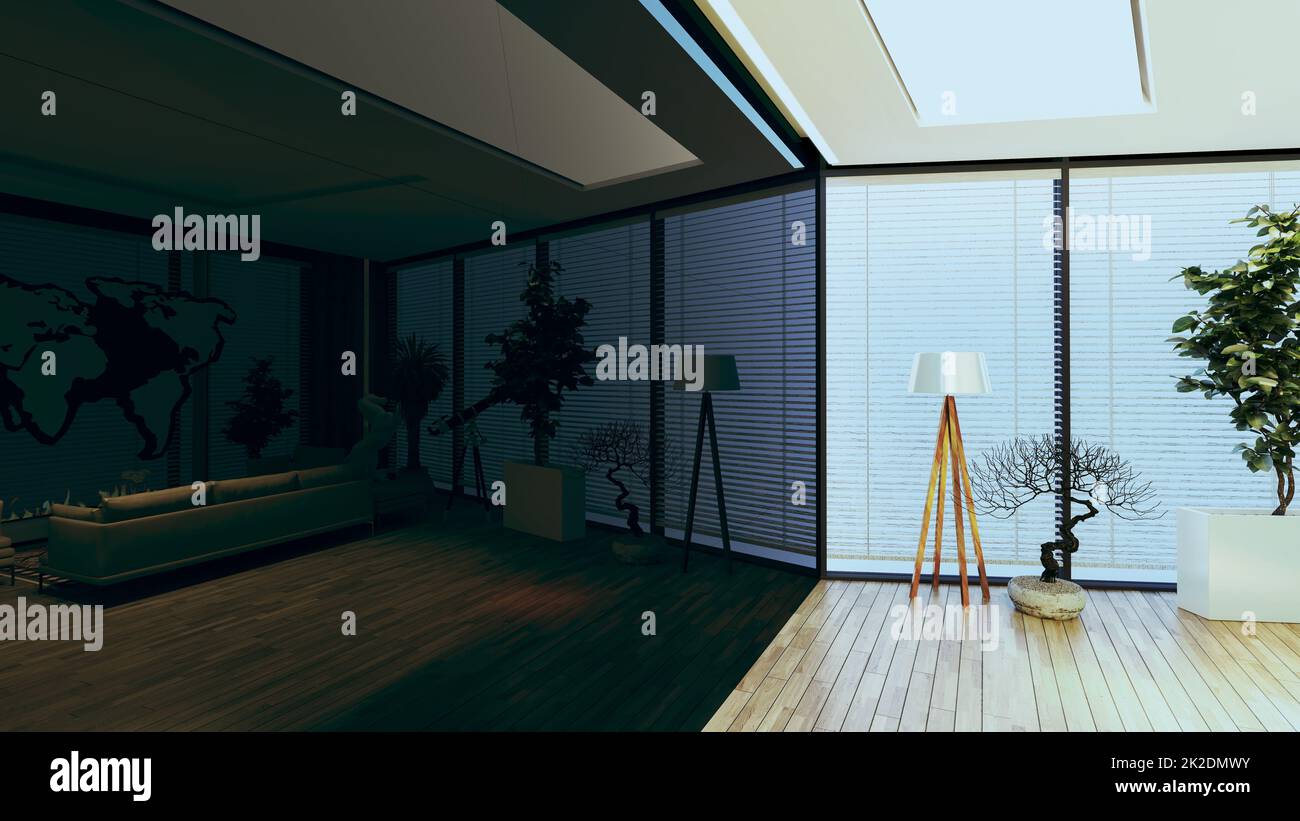 Modern office concept with parquet floor and black reflect background ...