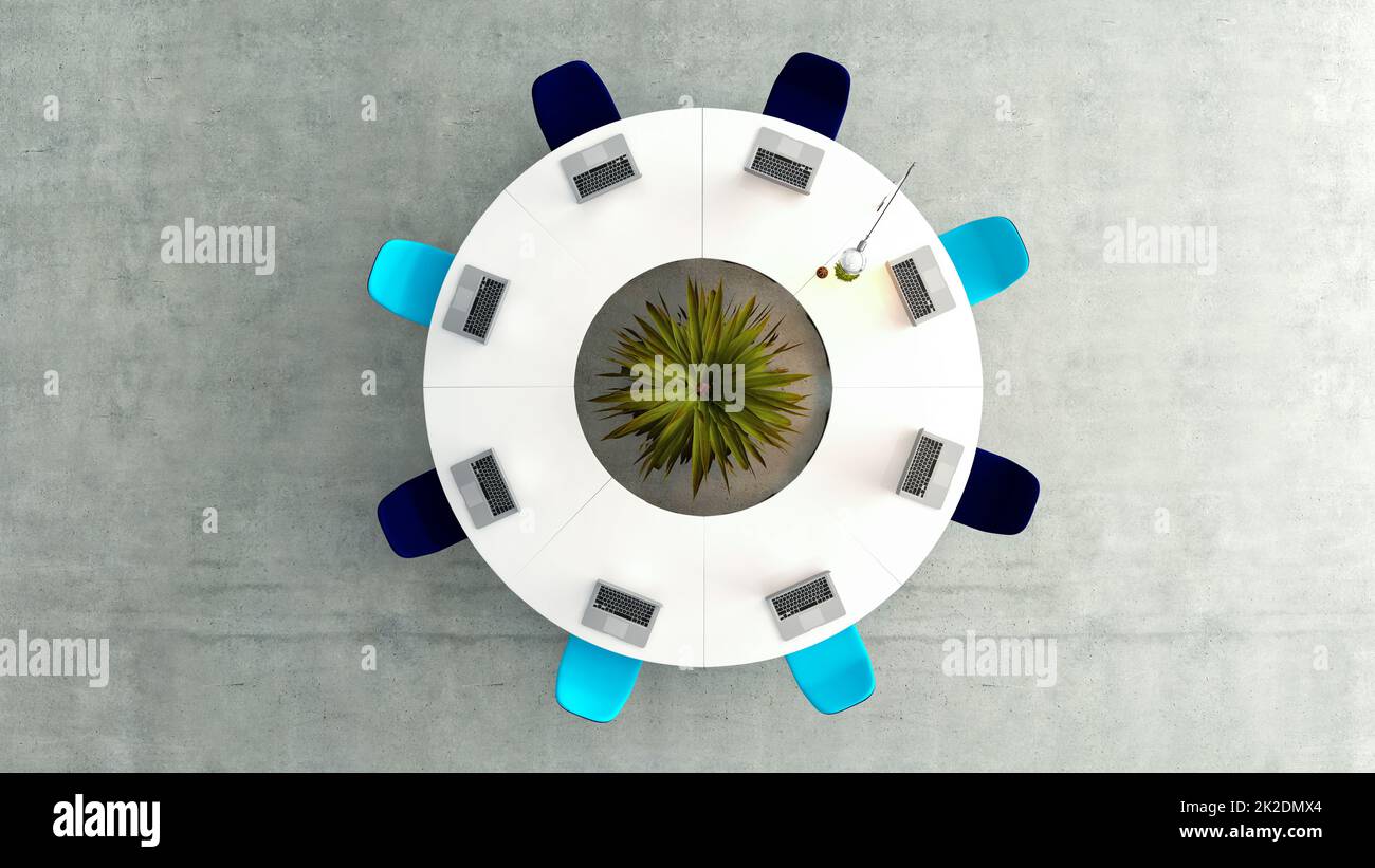 Meeting room top view with round table or desk and chairs concept 3D ...
