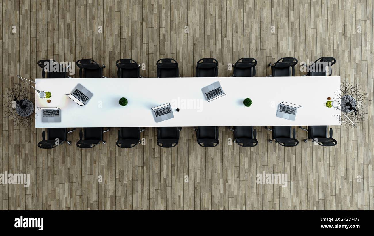 Meeting room top view with desk and chairs concept 3D rendering Stock ...