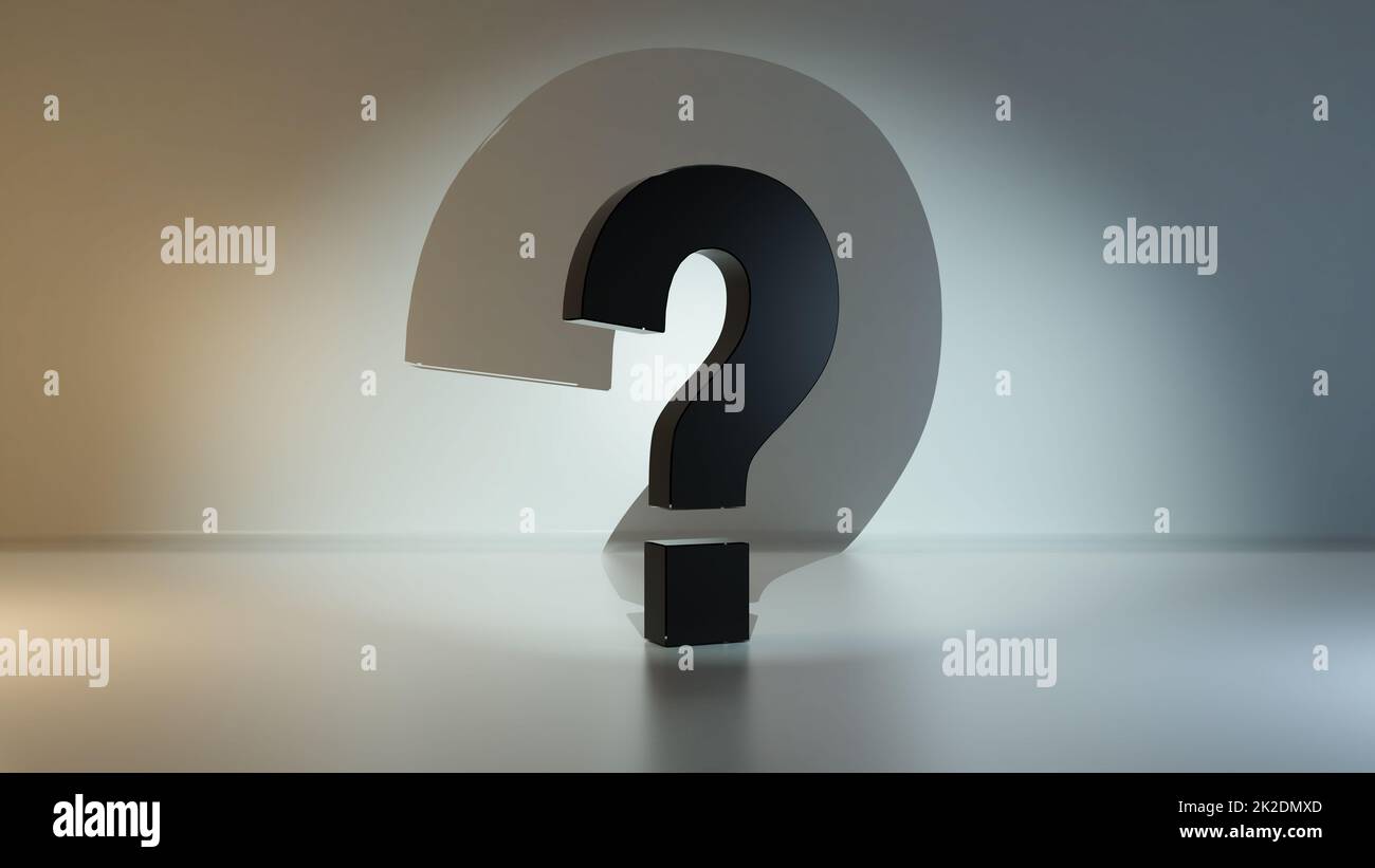 Question marks under spot light concept in empty room 3D rendering ...