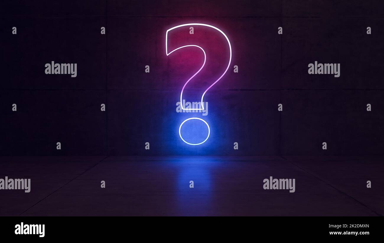 Neon light question marks concept in dark empty concrete room 3D ...