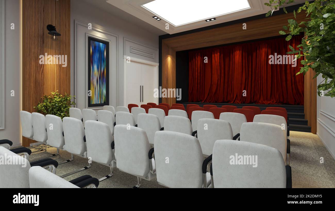 Conference hall, red curtain stage concept design with wooden wall 3D ...