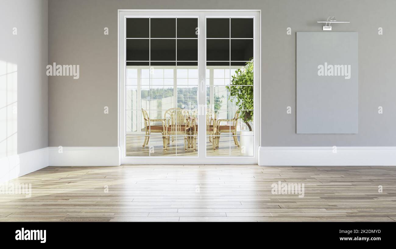 Empty room with balcony, wooden floor and painting wall, canvas frame ...