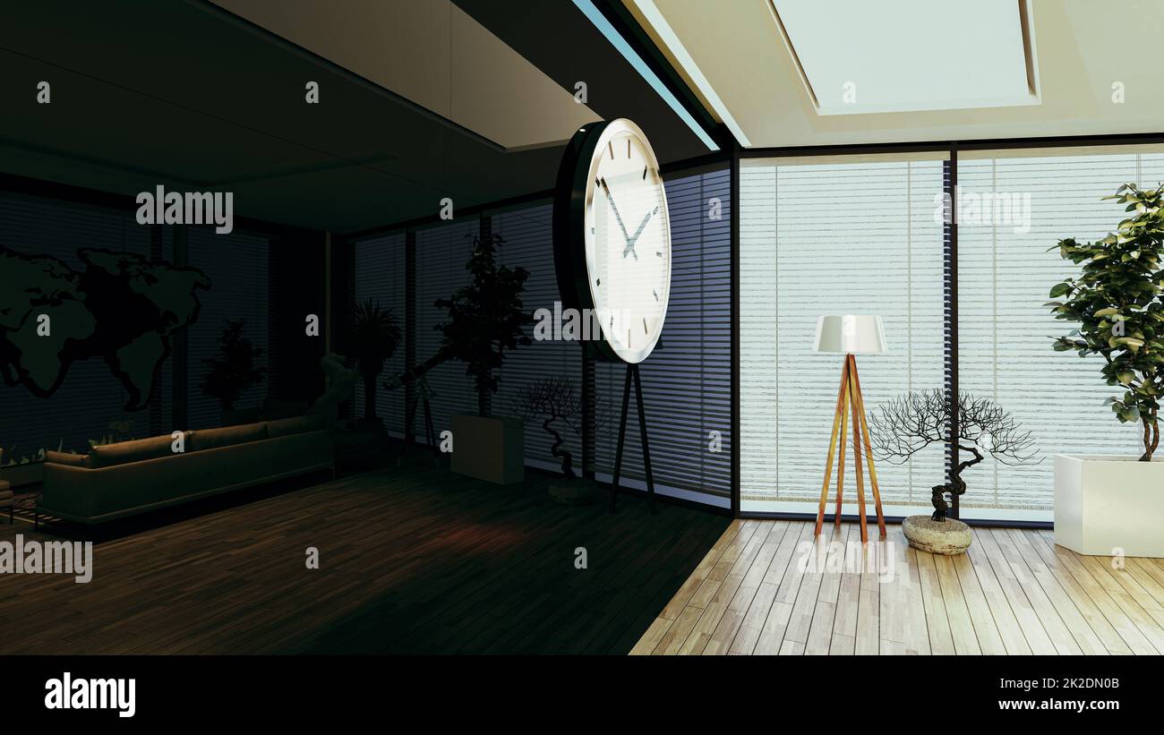 Modern office concept with parquet floor and black reflect wall, big ...