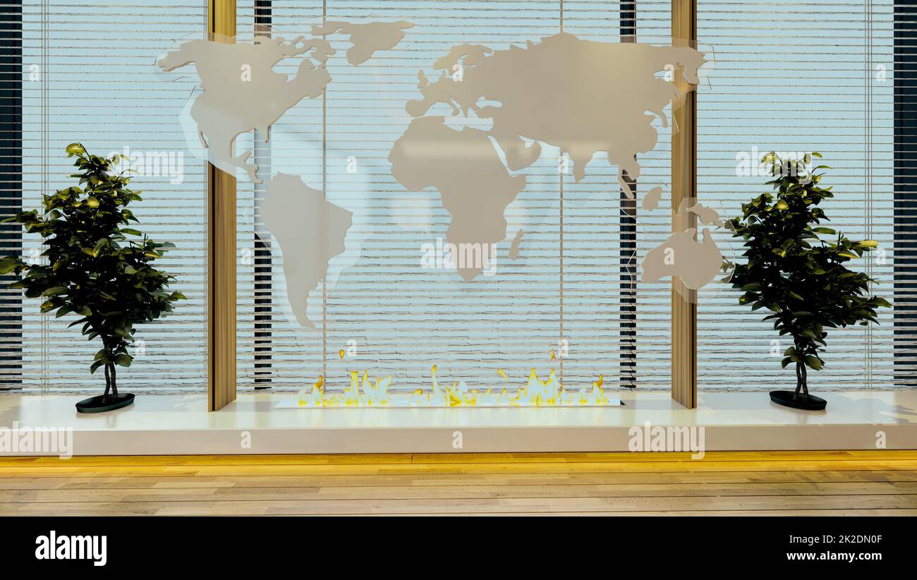 Office design with modern furniture fireplace area, world map furniture ...