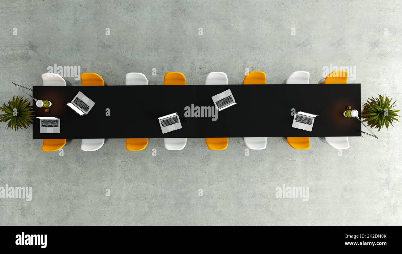 Meeting room top view with black desk and chairs concept 3D rendering ...