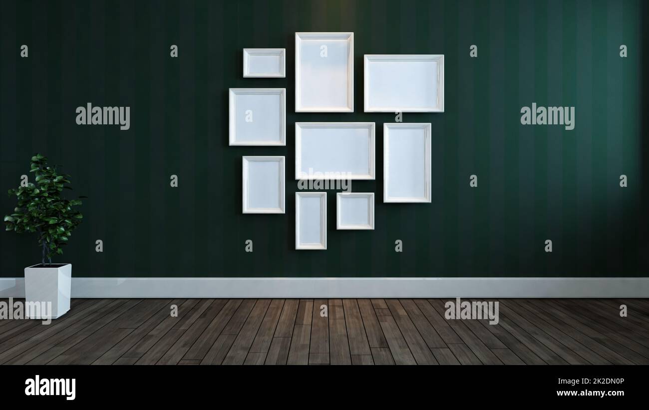 Photos frames with Lined green wallpaper wall, wooden floor and plant ...