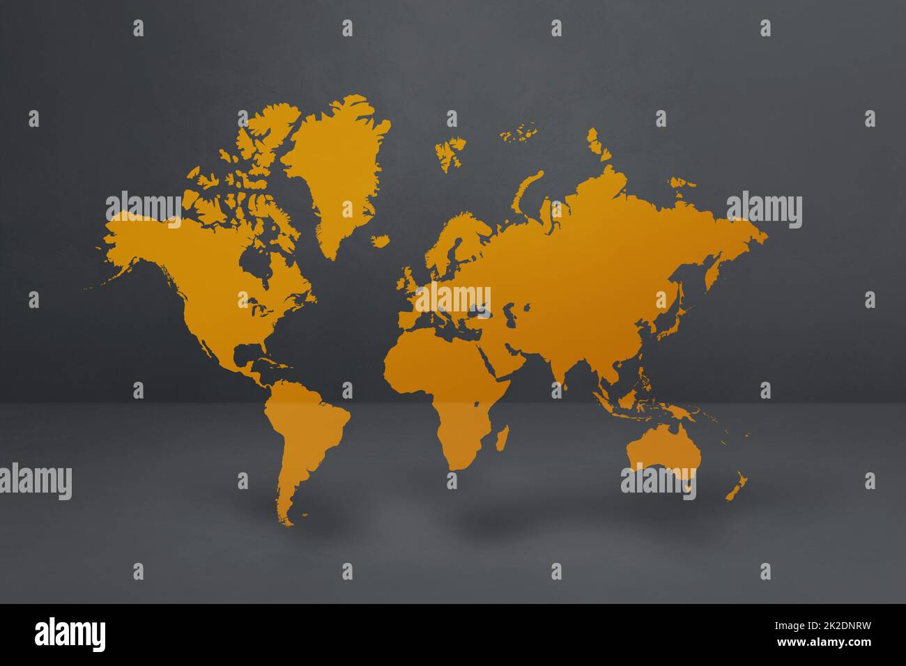 Yellow world map on black concrete wall background. 3D illustration ...
