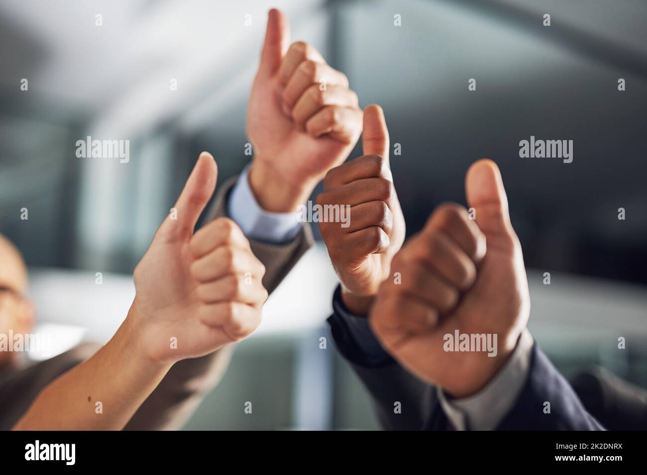 Thumbs up all round. Closeup shot of a group of businesspeople giving ...
