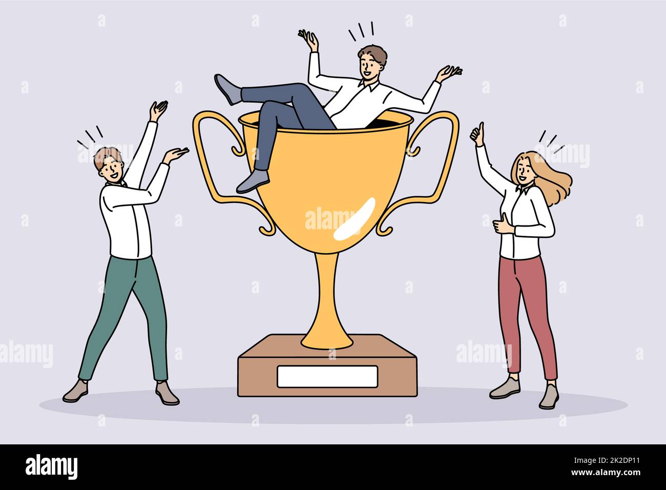 Overjoyed team with trophy celebrate success Stock Photo - Alamy