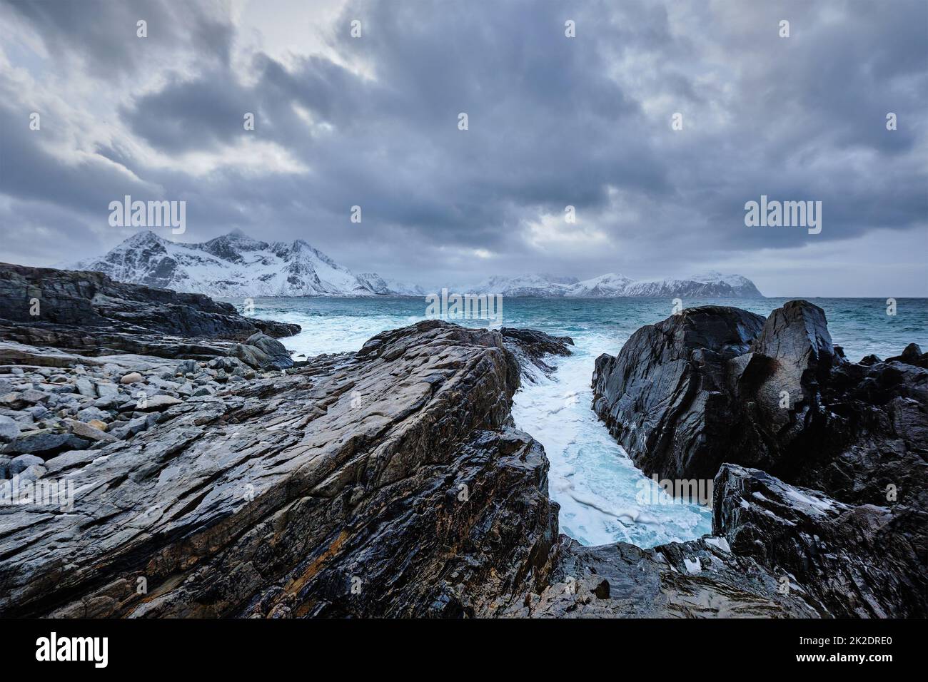 Norwegian Sea waves on rocky coast of Lofoten islands, Norway Stock ...