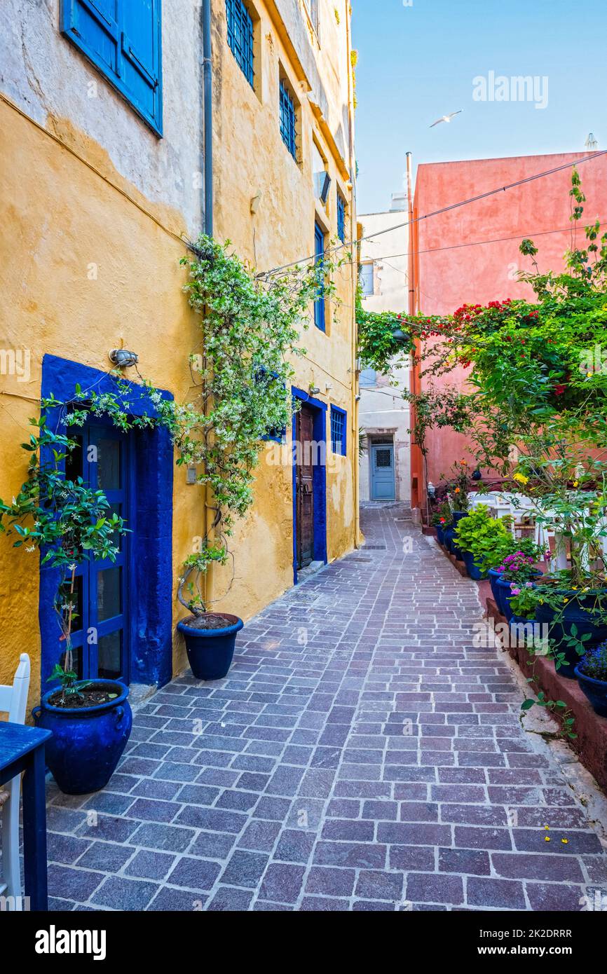 Scenic picturesque streets of Chania venetian town. Chania, Creete ...