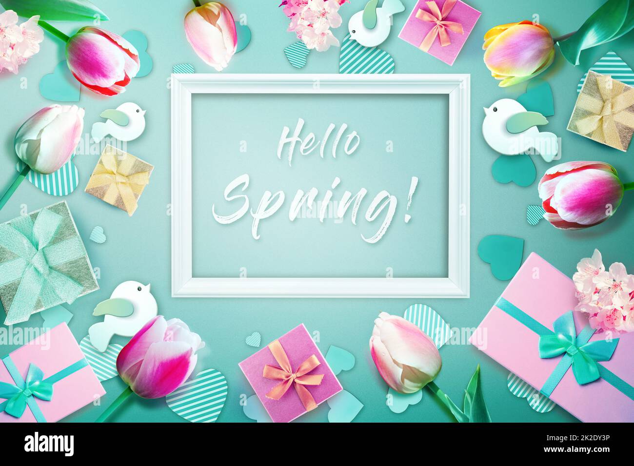 Flowers and gifts with copy space. Spring creative composition Stock ...