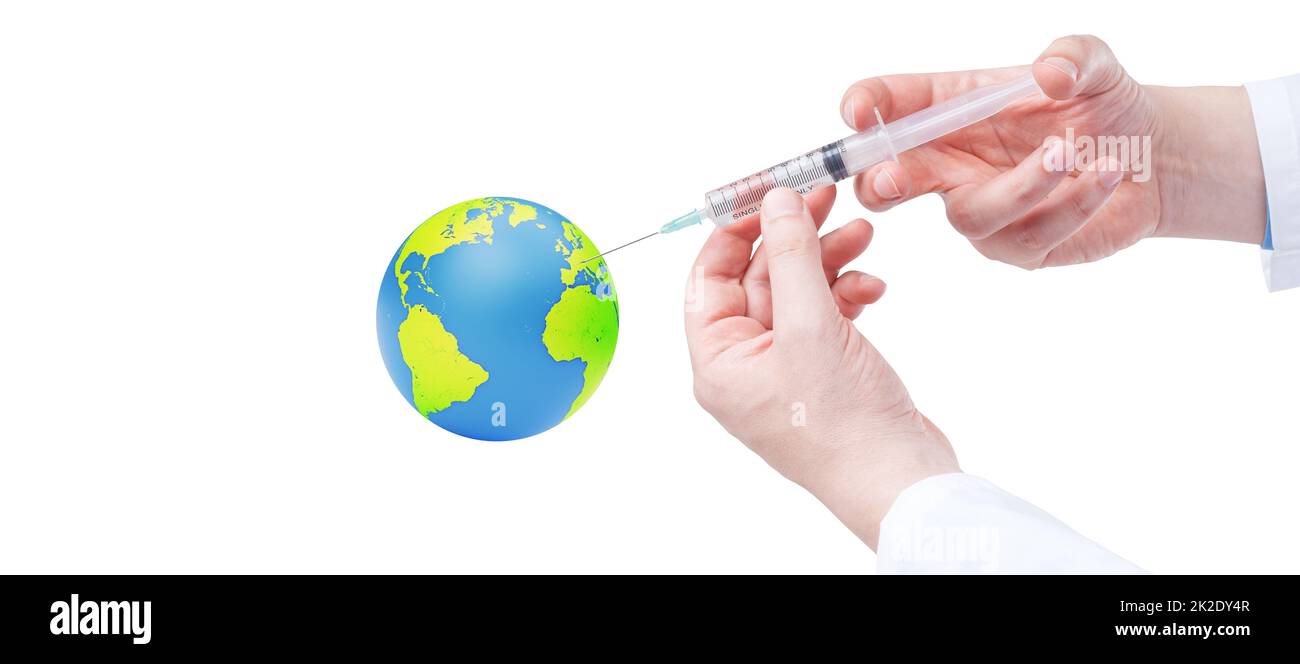 Doctor hold a medical syringe with vaccine against corona virus. 3D ...