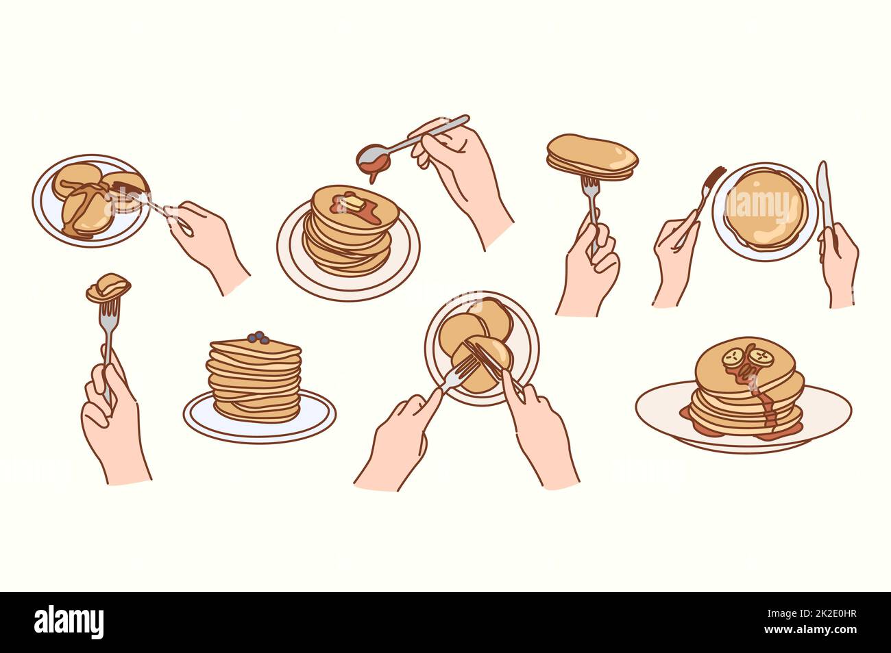 Set of person eating fluffy pancakes for breakfast Stock Photo - Alamy