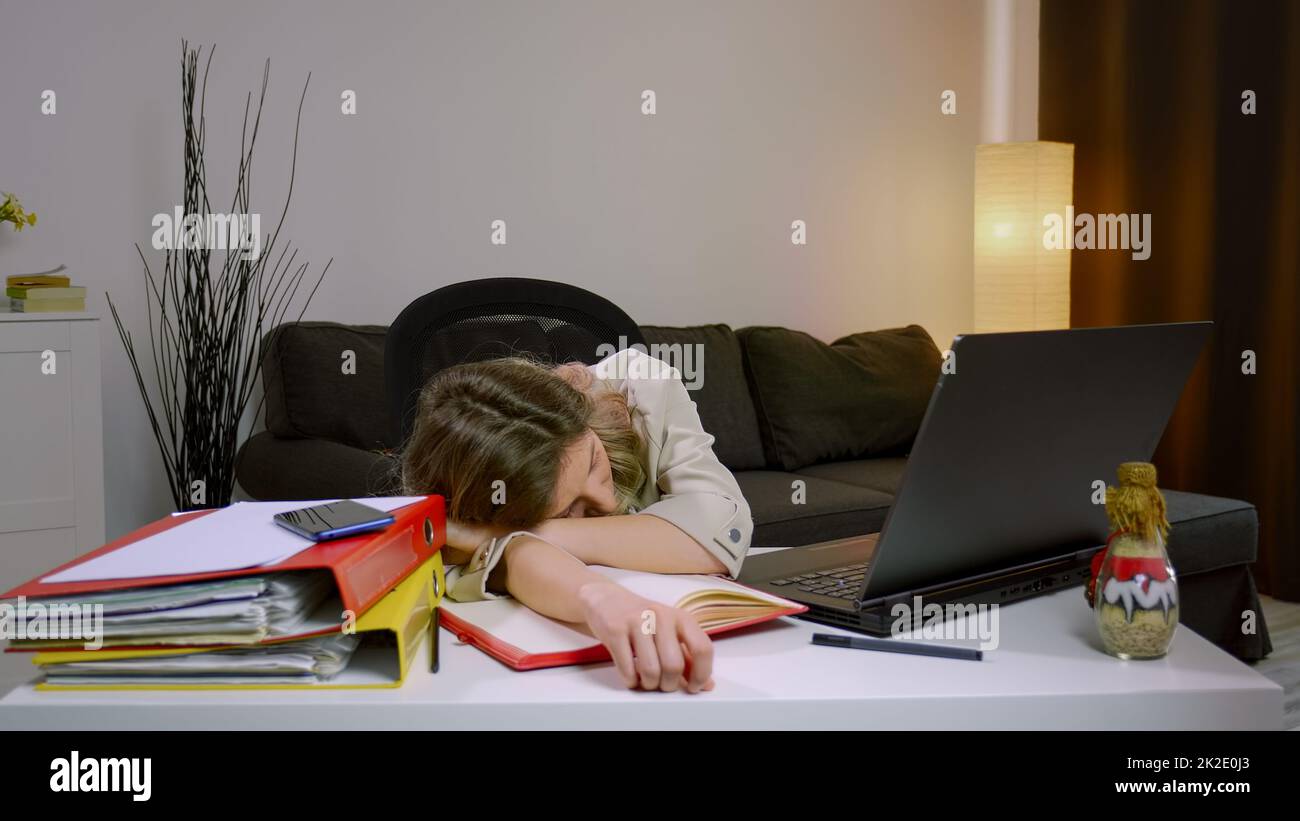 Tired stressed overworked Caucasian business woman falling asleep at ...