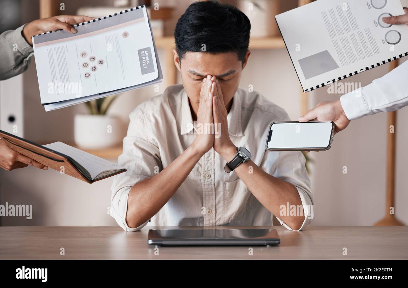 Stress, burnout and tired businessman overworked, overwhelmed and ...