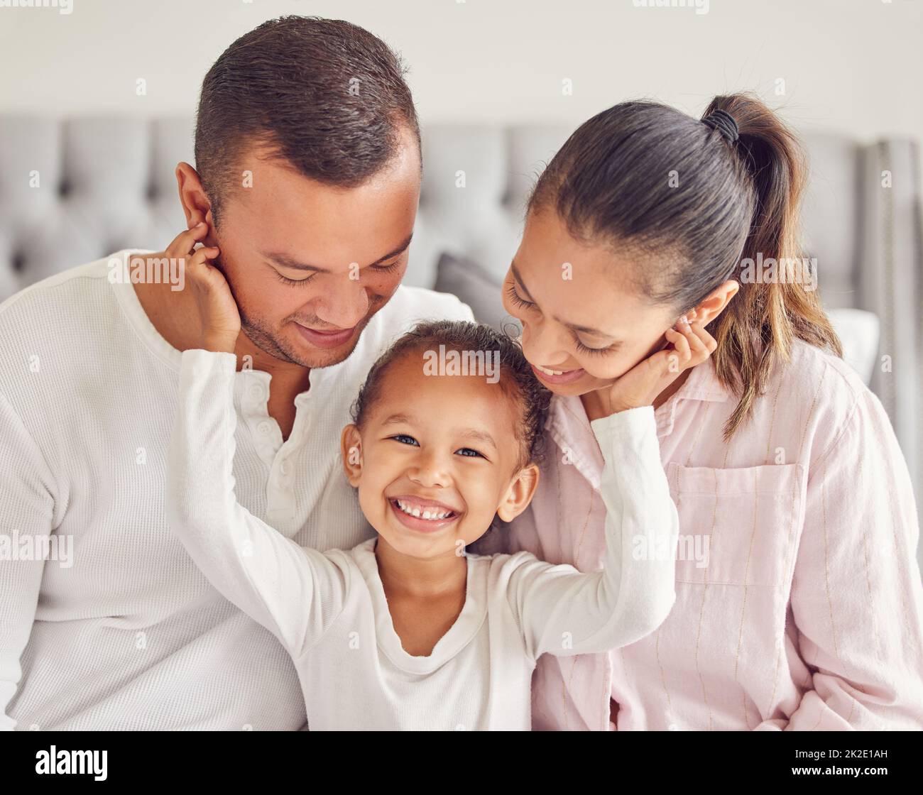 Mother, father and girl in family portrait in house bedroom, home ...