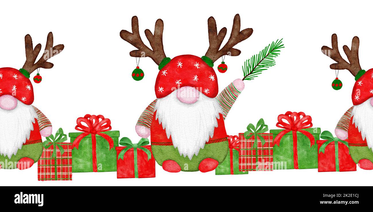 Hand drawn seamless horizontal border with watercolor Christmas gnomes ...