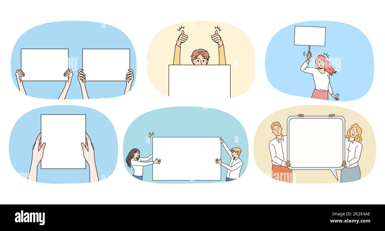 Set of people hold mockup banners for ad Stock Photo - Alamy