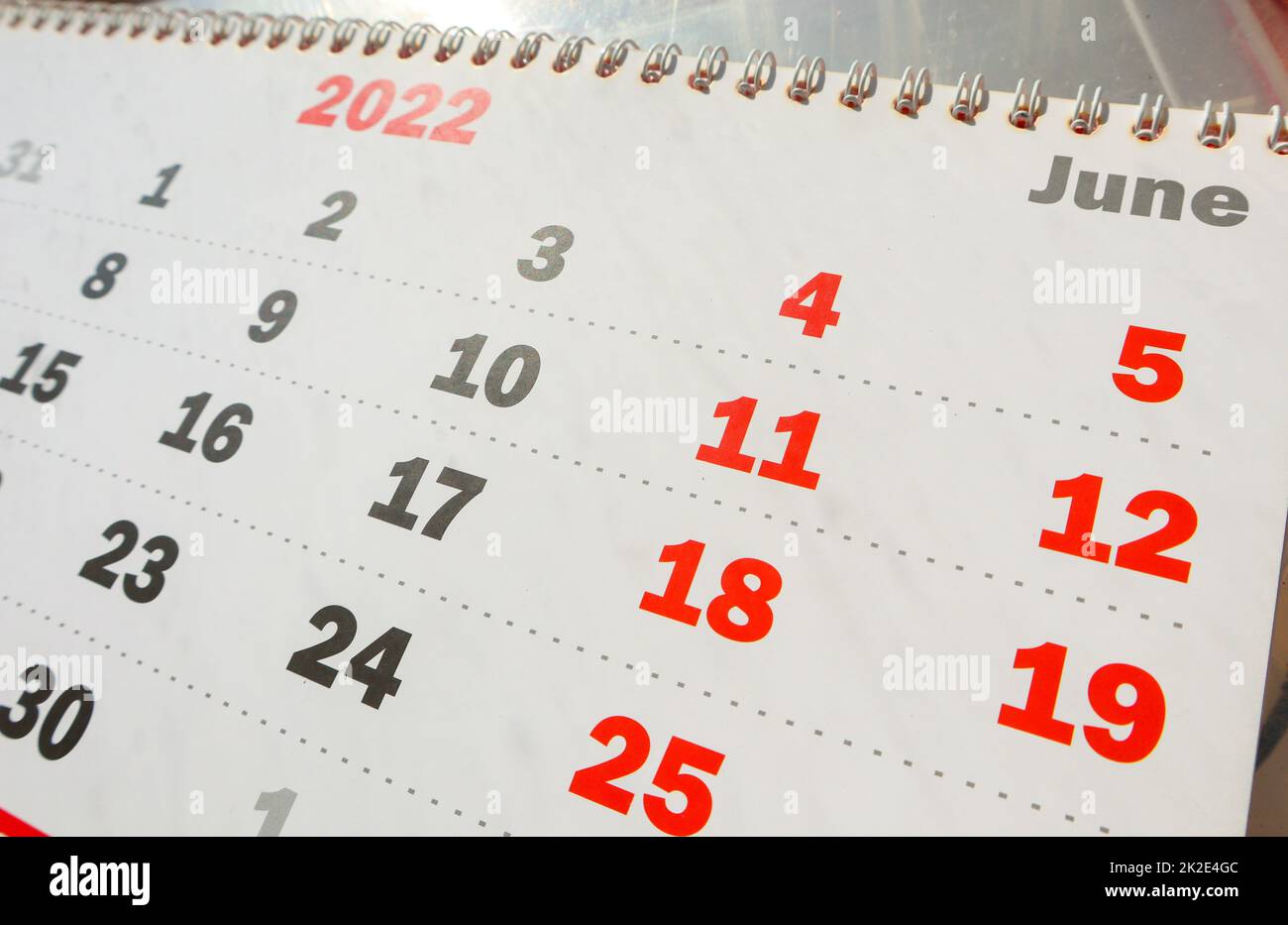 June is the month on the 2022 calendar page with a focus on red numbers ...