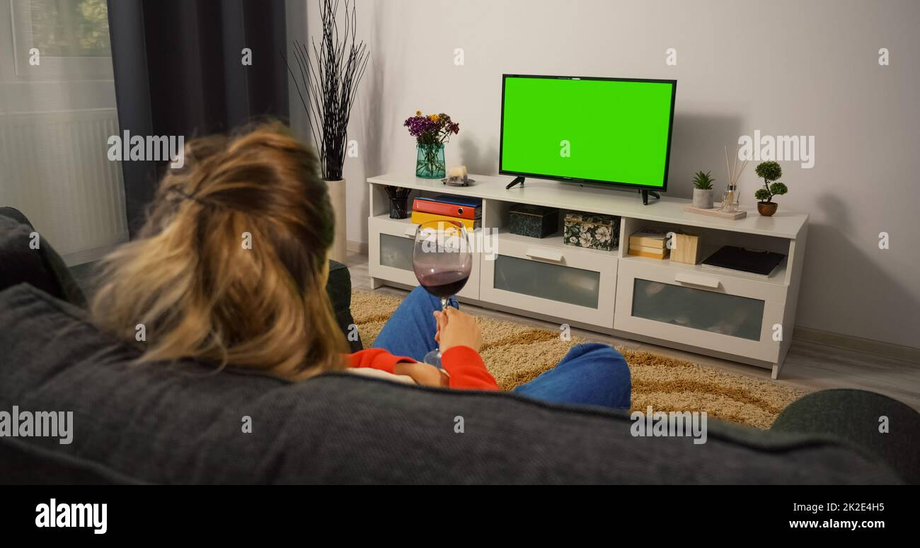 Woman Watching TV Greenscreen and Chroma Key. Mock Up with Tracking ...