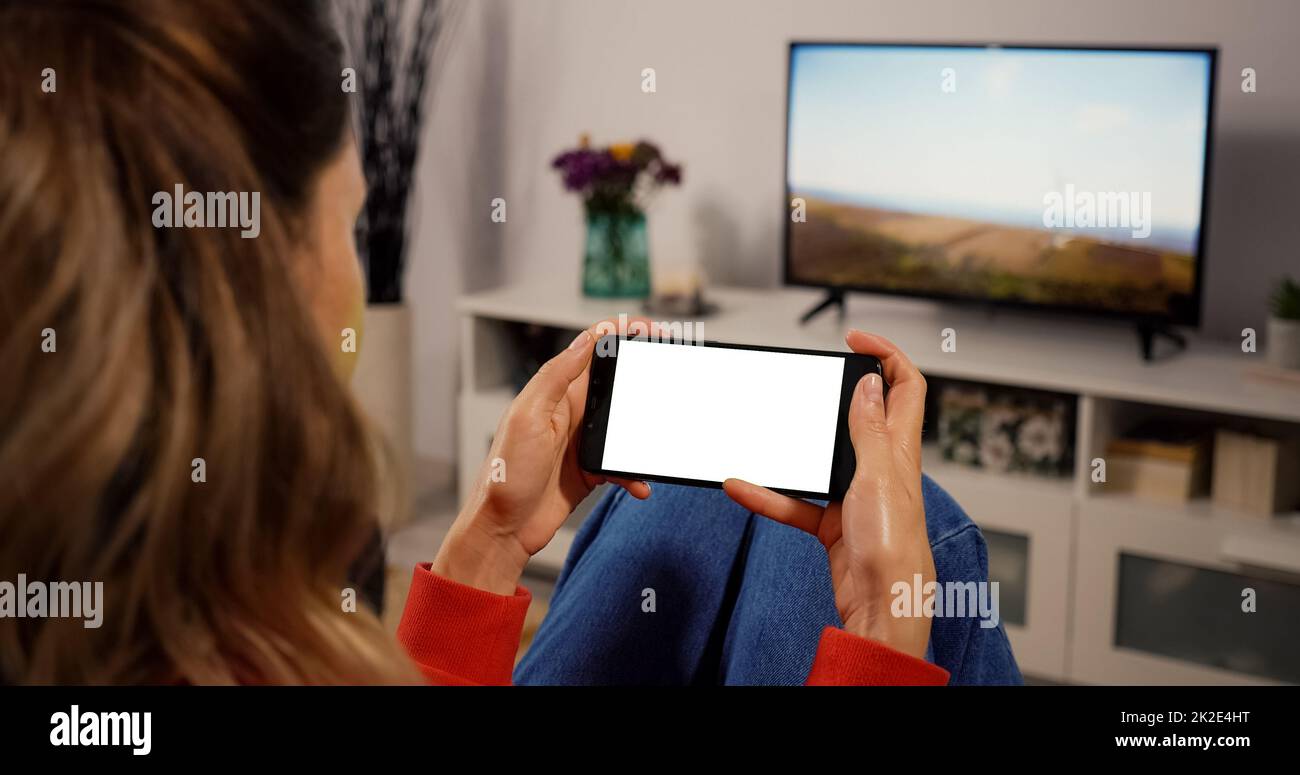 Woman hand Holding Horinzontal white Screen for Copy Space Close up ...