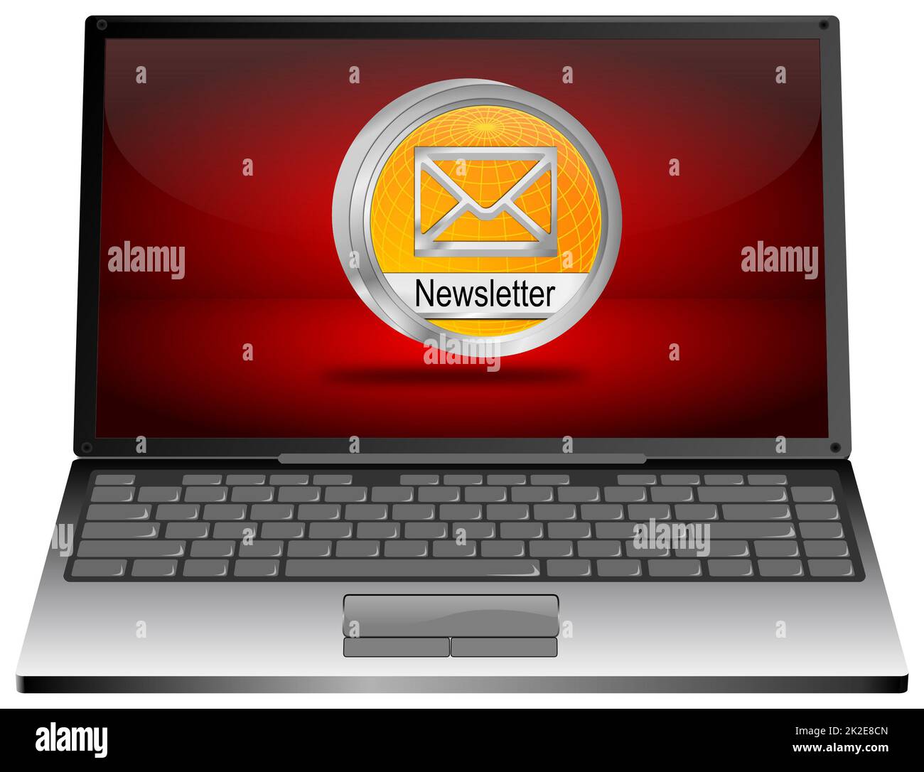 Laptop Computer with orange Newsletter Button on red desktop - 3D ...