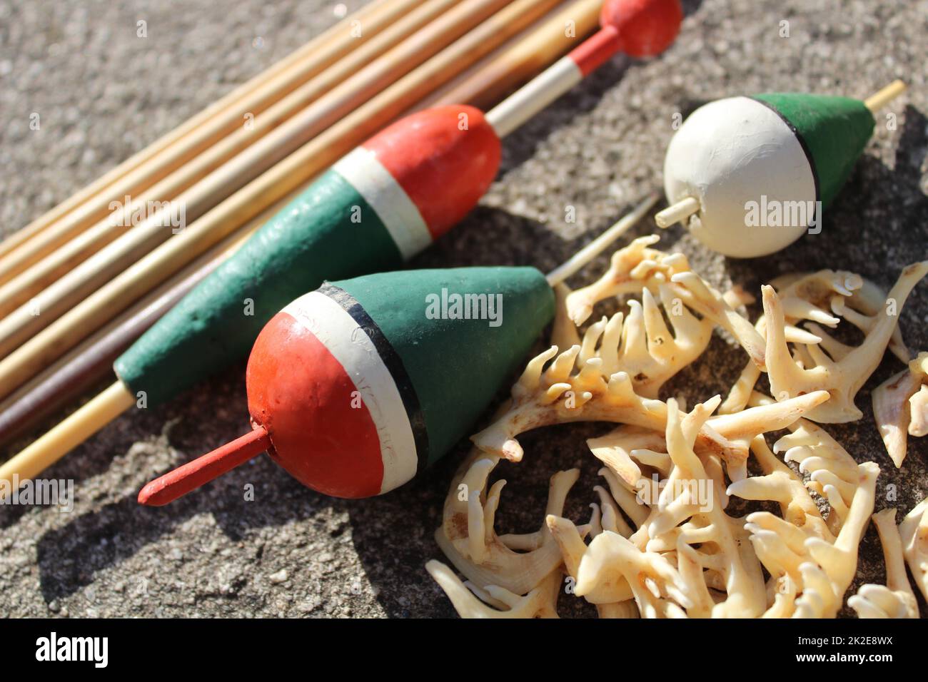 fish teeth and fishing lure on a stone floor Stock Photo - Alamy