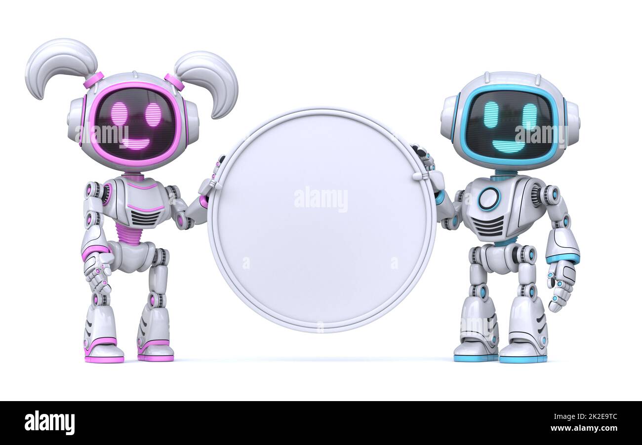 Cute pink girl and blue boy robots hold blank circle sign 3D Stock ...