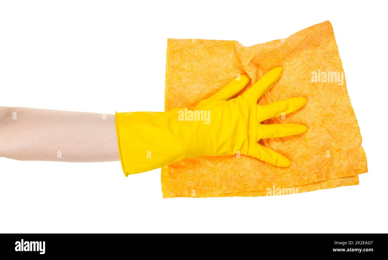 hand in yellow glove cleans with big yellow rag Stock Photo - Alamy