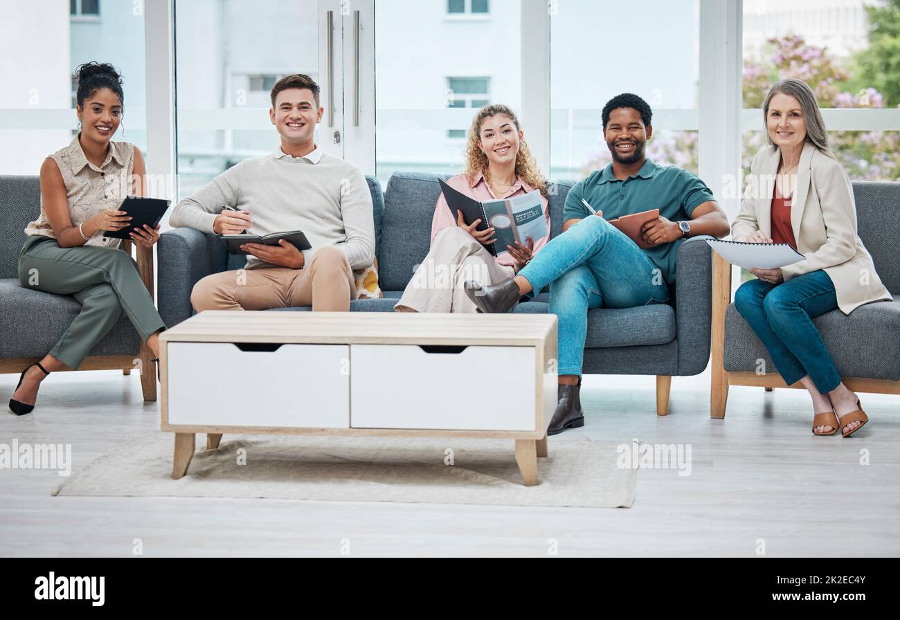 Portrait, relax and happy business people waiting on break reading ...