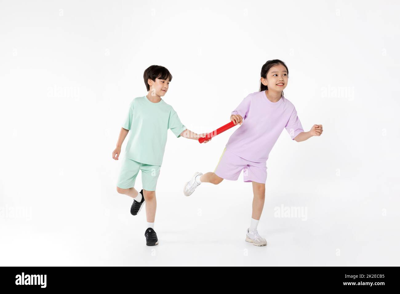 Korean boy and girl fitness and exercise concept in white background ...