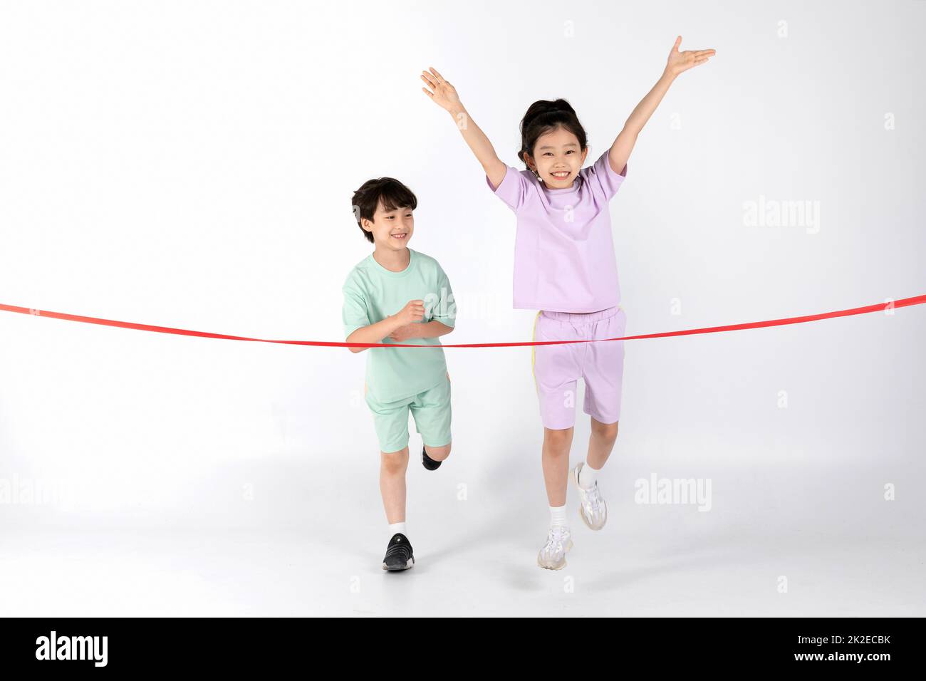 Korean boy and girl fitness and exercise concept in white background ...