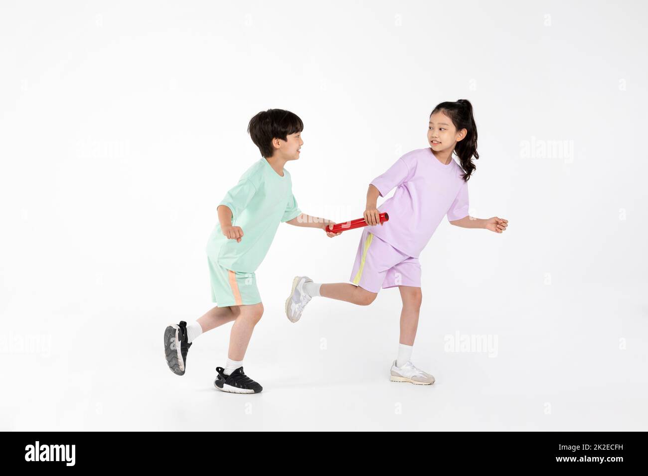 Korean boy and girl fitness and exercise concept in white background ...